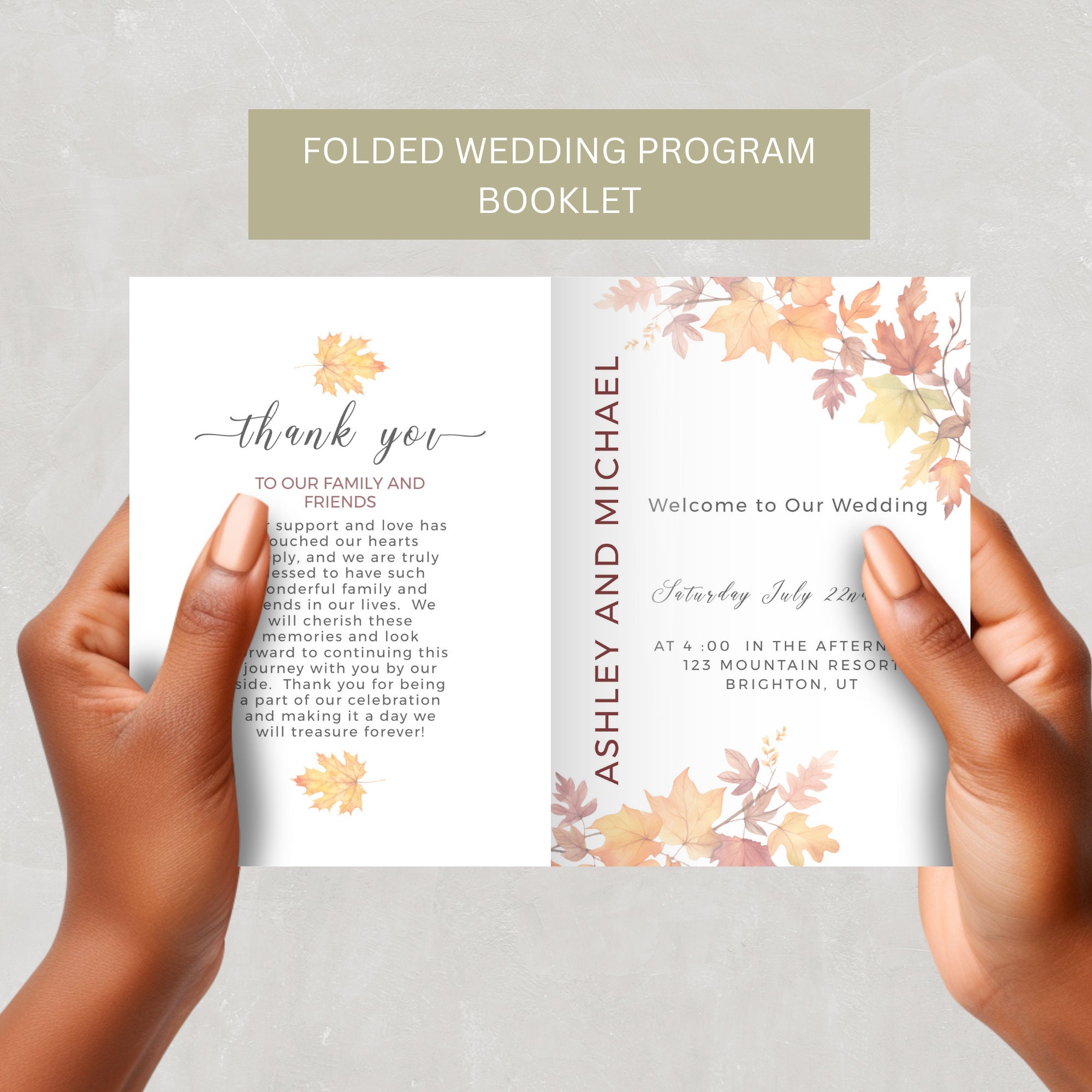 Fall Wedding Bifold Program , INSTANT DOWNLOAD, Folded Minimalist ...