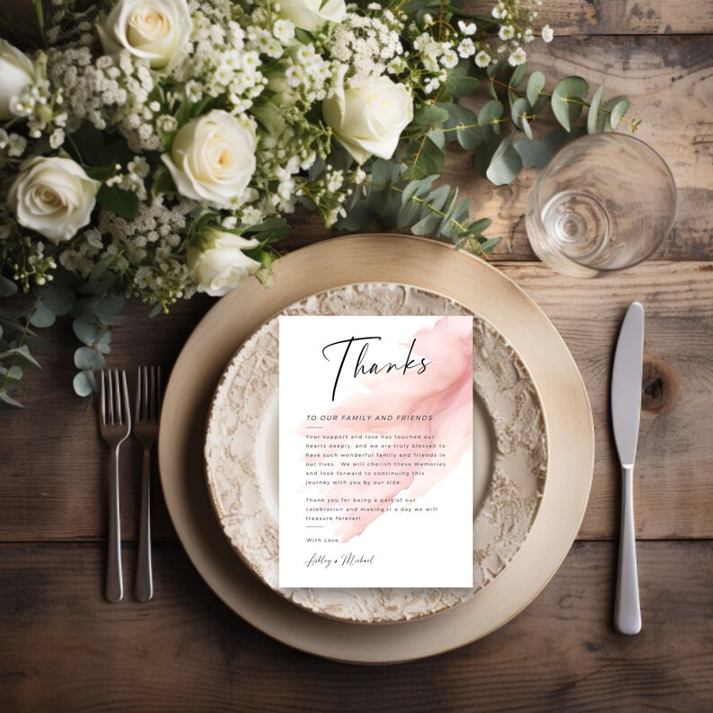 Modern Wedding Table Thank You Template, Wedding Napkin Note, Blush ...