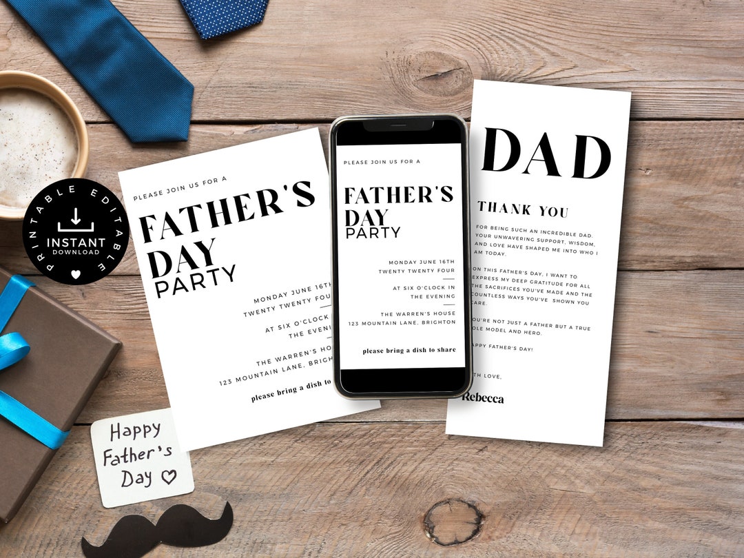 Minimalist Father's Day Invitation Bundle, Simple Party Invite Set ...