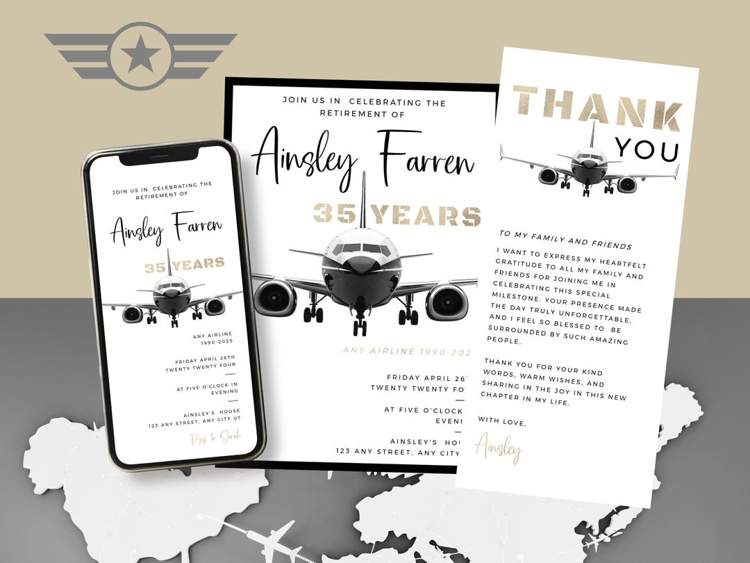 Pilot Retirement Invitation Bundle, Black & Gold Aviation Themed Invite ...