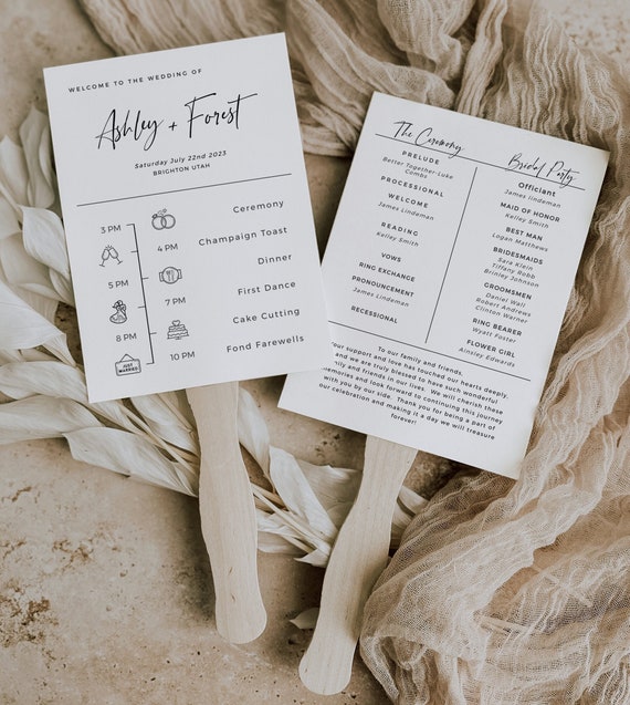 Wedding Program Fan Template Minimalist Wedding Timeline Modern Bridal Party Fan Order of Service Program Cards Fans for Guests f1 Etsy