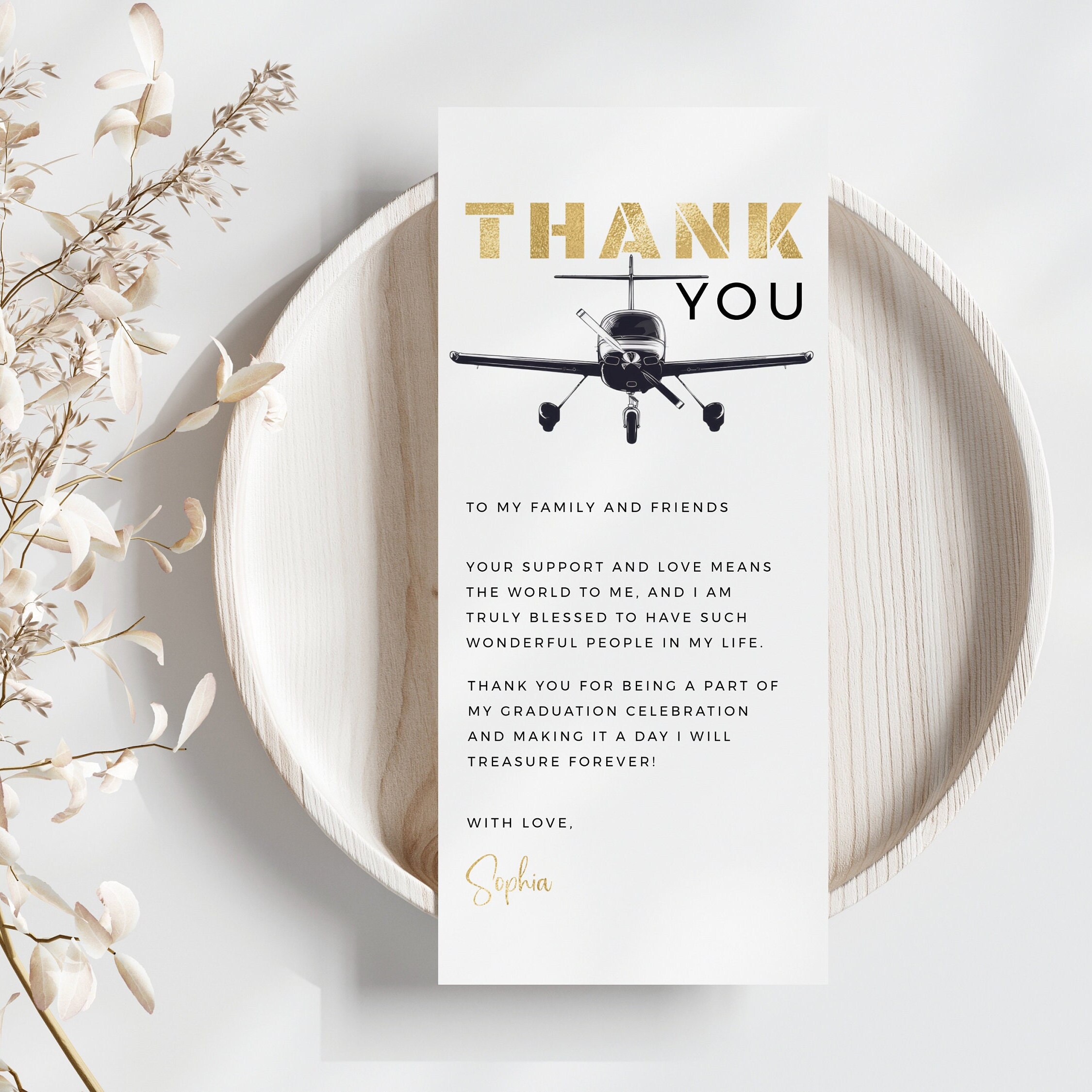 Graduation Thank You Place Card, Pilot Thank You Napkin Note, Aviation ...