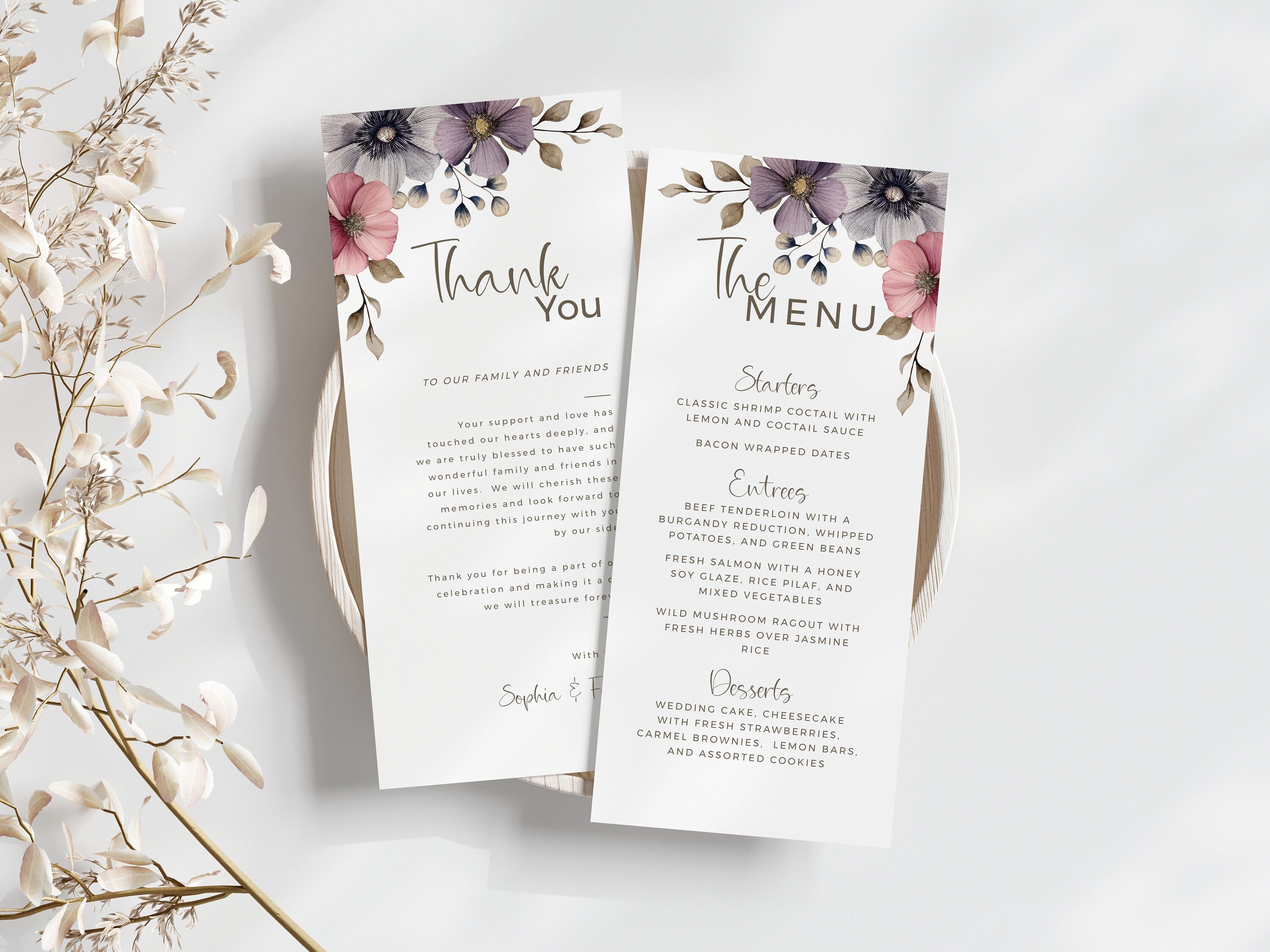Thank You Napkin Note and Menu Template, Wildflower Wedding, Editable ...