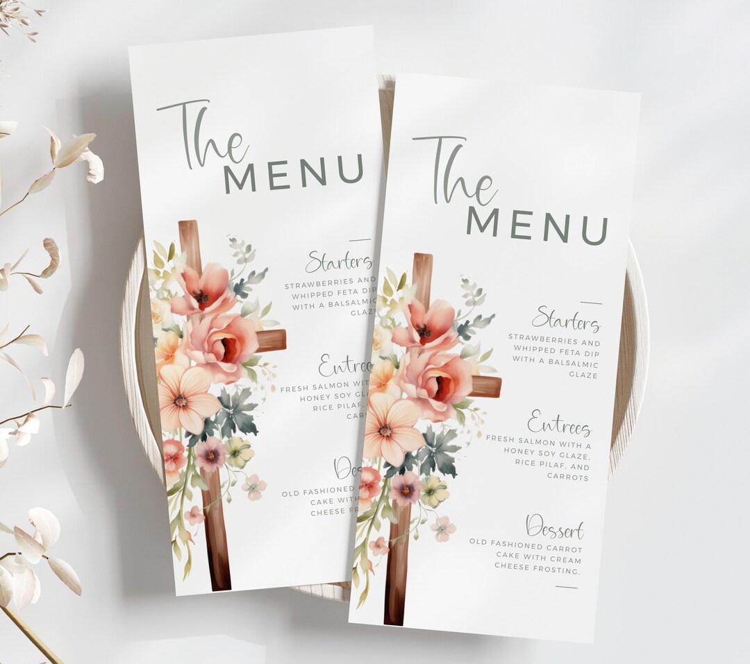 Easter Dinner Menu Card Template, Blush Floral Cross, Editable Template ...