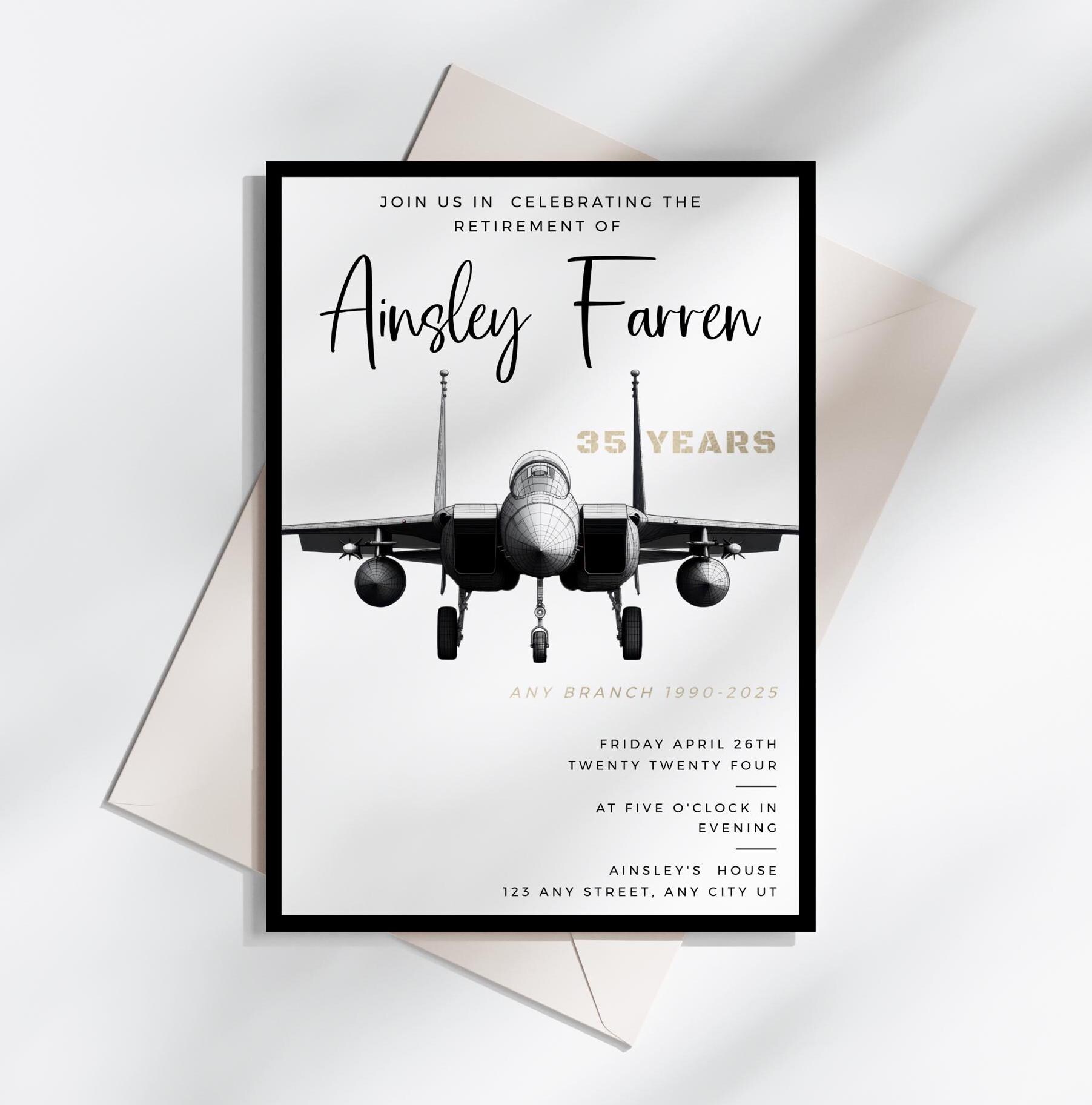 Pilot Retirement Party Invitation | Military Fighter Jet | Editable ...