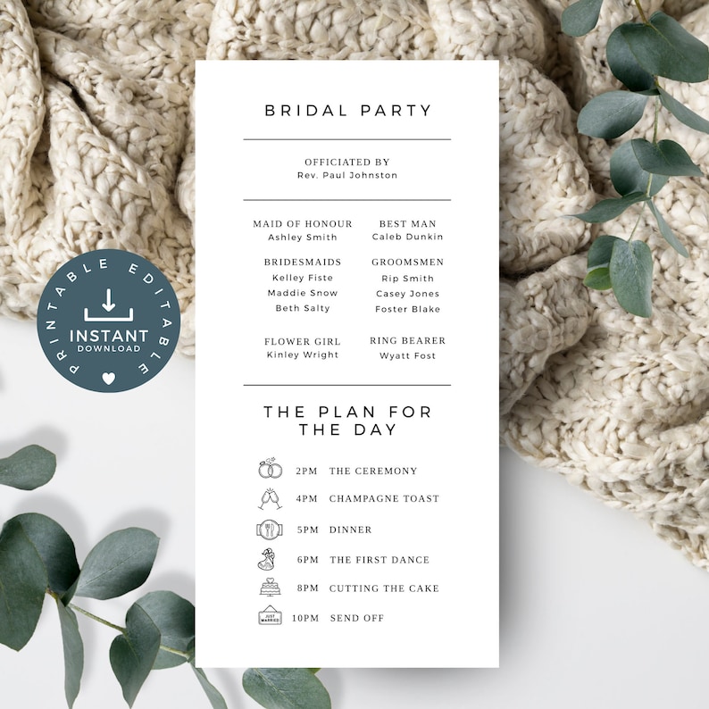 Wedding Program Template | Wedding Day Timeline | Bridal Party ...