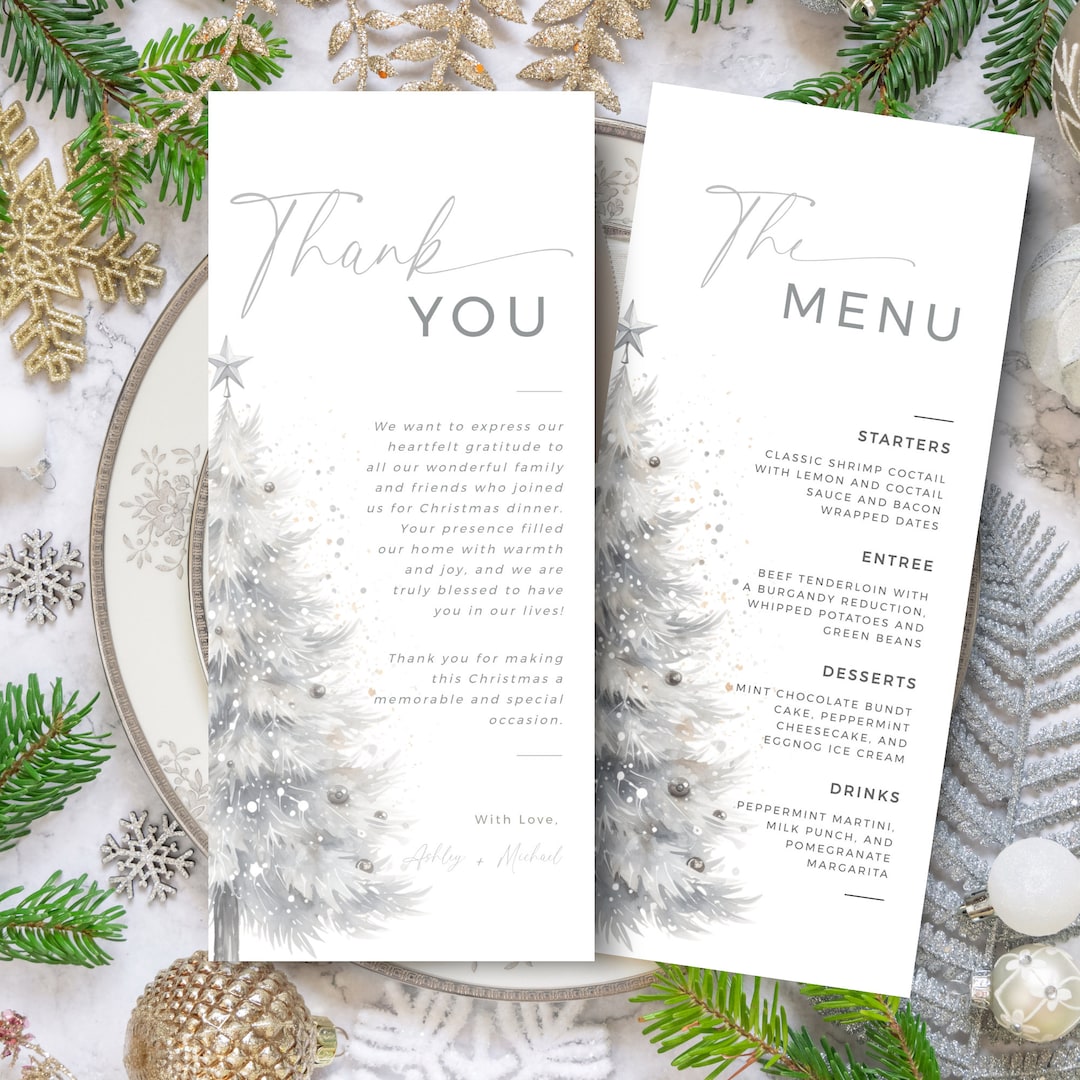 Christmas Dinner Menu Card Template, Holiday Place Card Thank You ...