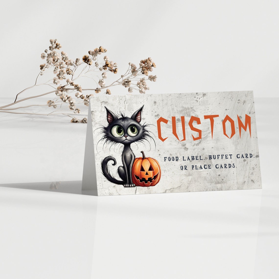 Halloween Place Card Template, Party Buffet Cards, Black Cat and Pumpkin Food Labels, Food Tent ...