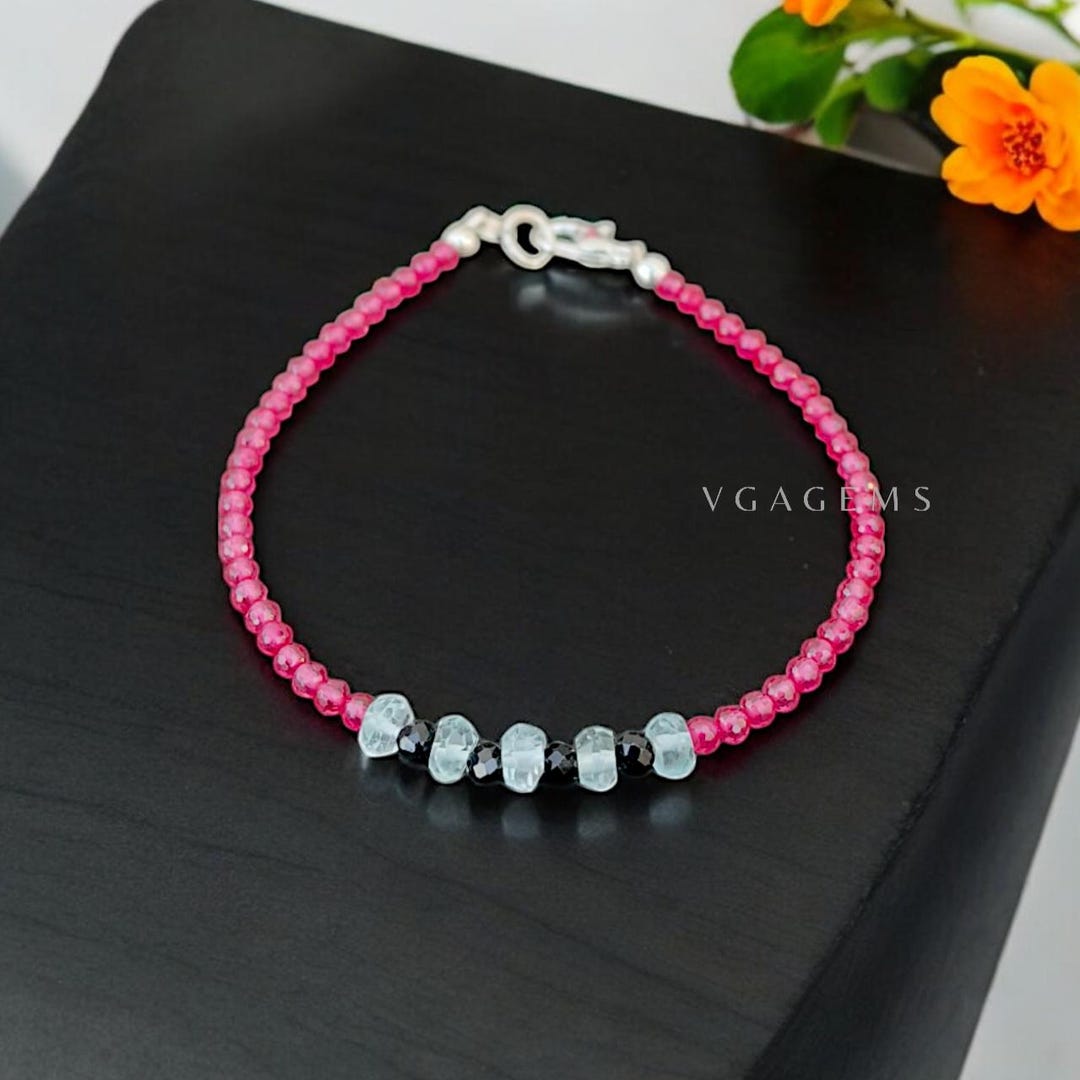 Natural Pink Ruby With Crystal Spinel Beaded Bracelet, Pink Ruby Micro ...