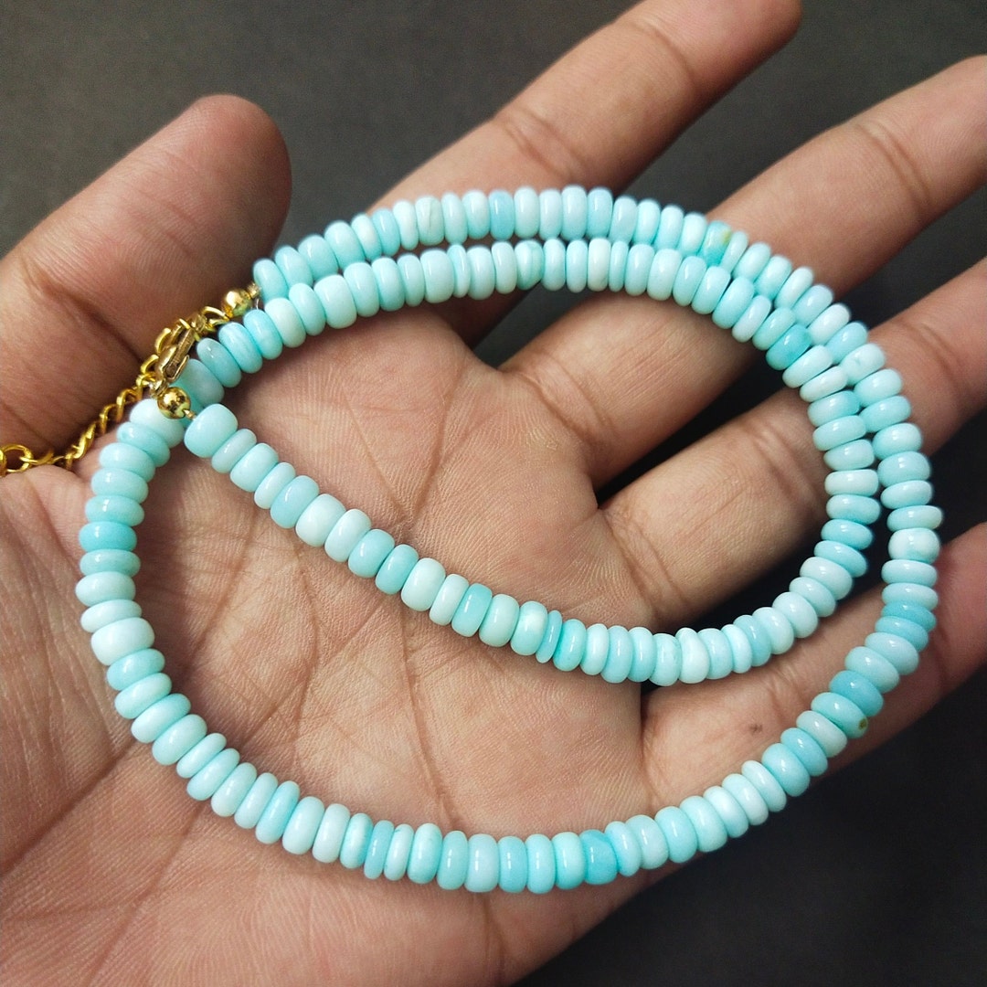 Blue Peruvian Opal Beaded Necklace, 6-6.5mm Candy Gemstone Necklace ...