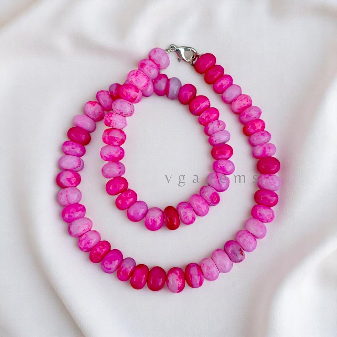 Genuine Hot Pink Opal Beaded Necklace, 8-9MM Smooth Rondelle Beads ...