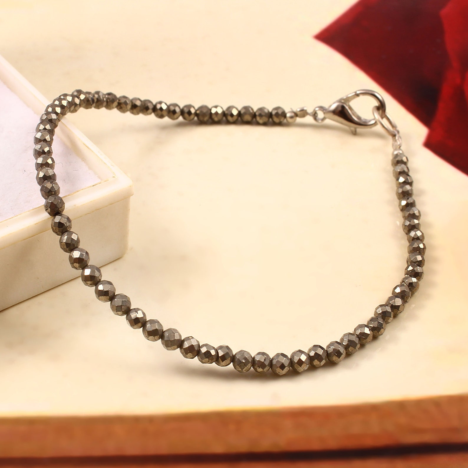 Natural Pyrite Beaded Bracelet, 2mm Pyrite Micro Faceted Bracelet ...