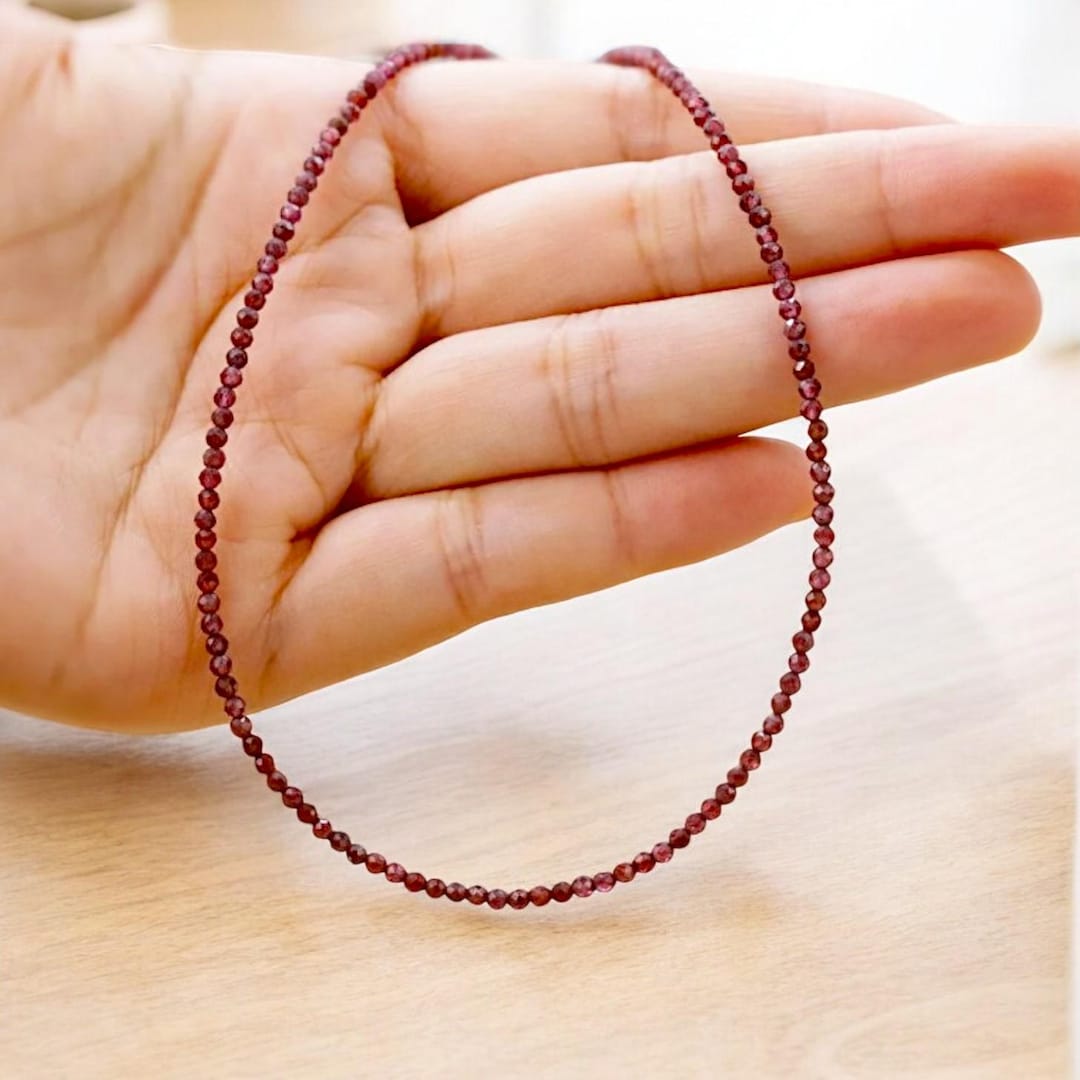 Rare!! Red Garnet Beaded Necklace, 2mm Micro Faceted Round Semi ...
