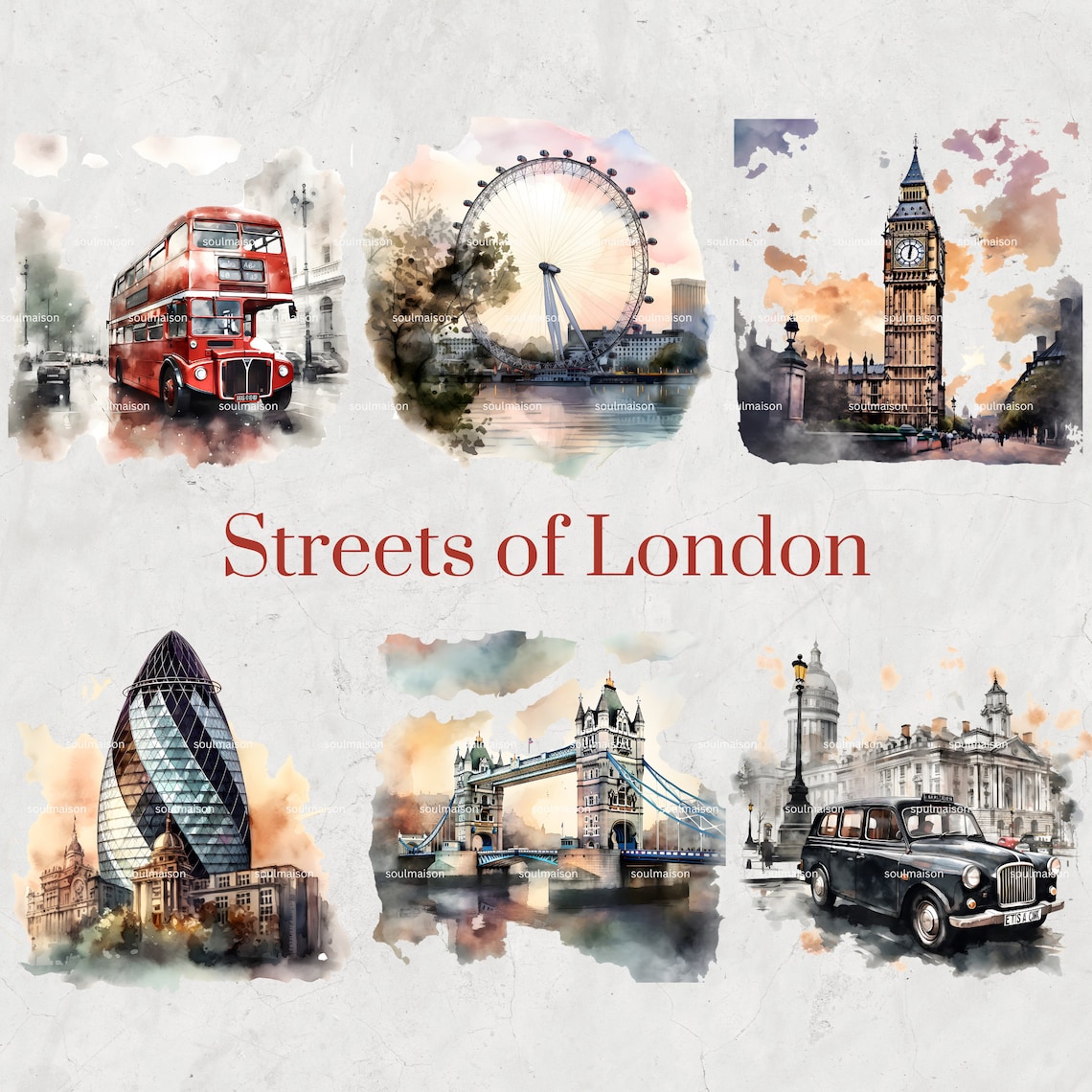 Streets of London Watercolor Clipart Set - Hand-painted British ...