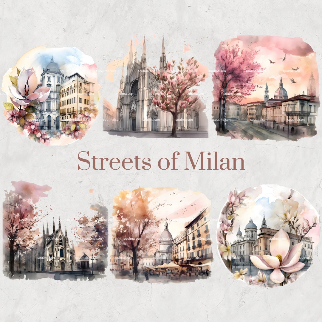 Streets of Milan Watercolor Clipart Set - Hand-painted Milan City ...