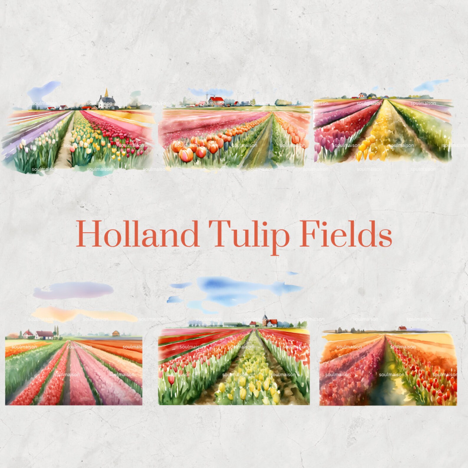 Holland Tulip Fields Watercolor Clipart Set - Hand-painted Dutch ...