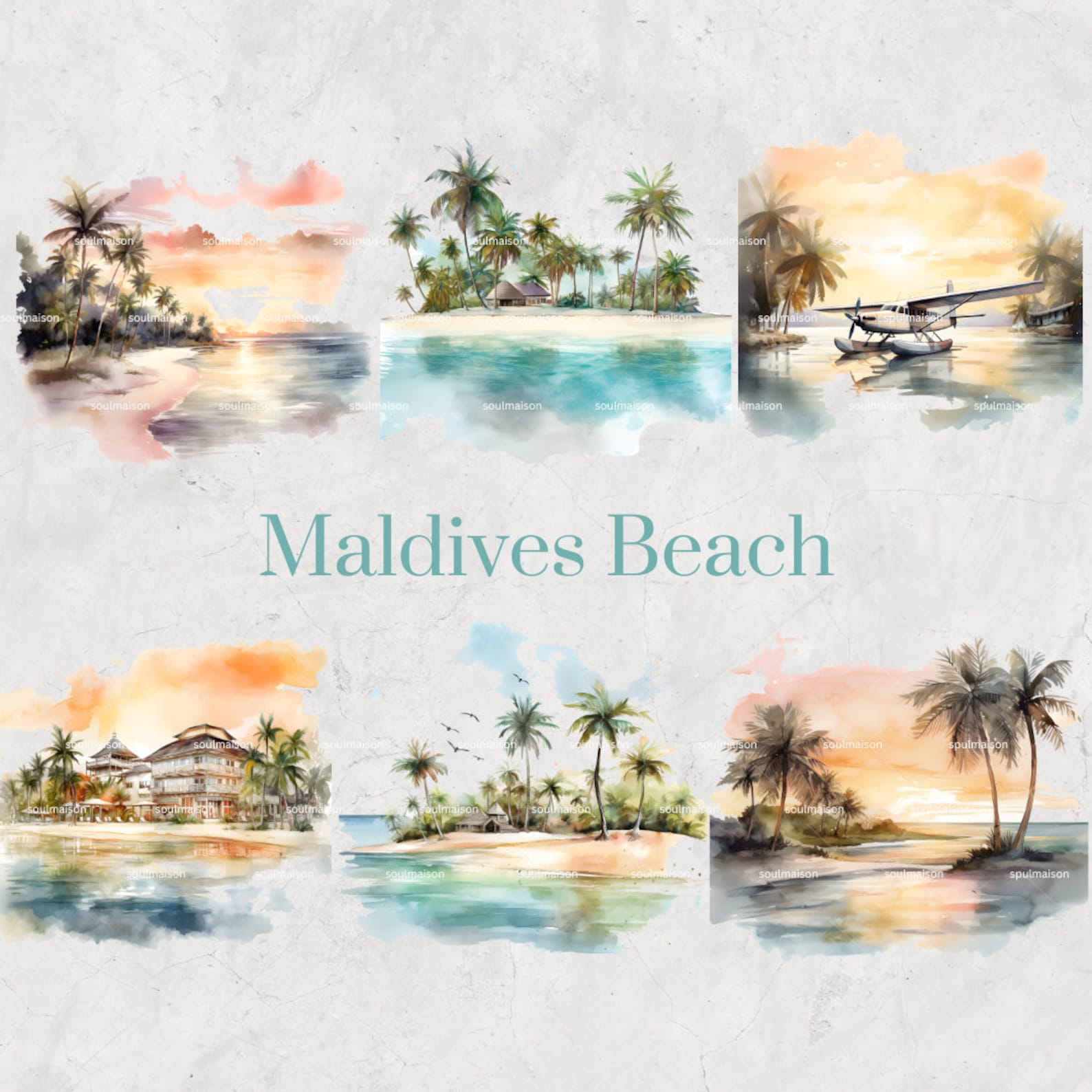 Maldives Beach Watercolor Clipart Set - Hand-painted Tropical Beaches ...