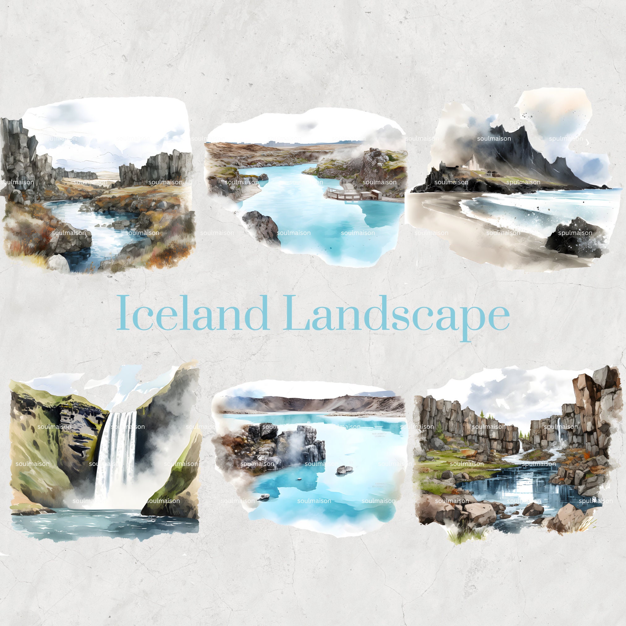 Iceland Landscapes Watercolor Clipart Set - Hand-painted Nordic Nature ...