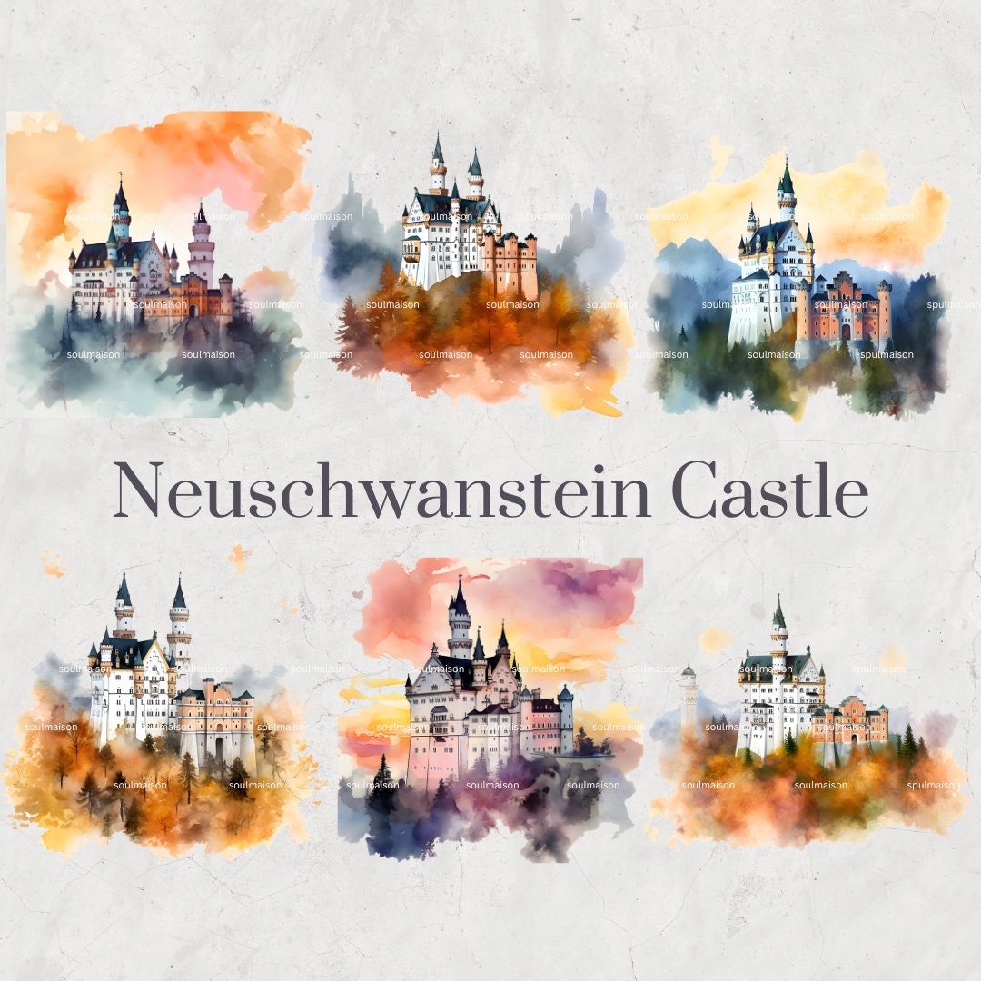 Neuschwanstein Castle Watercolor Clipart Set - Hand-painted Bavarian ...