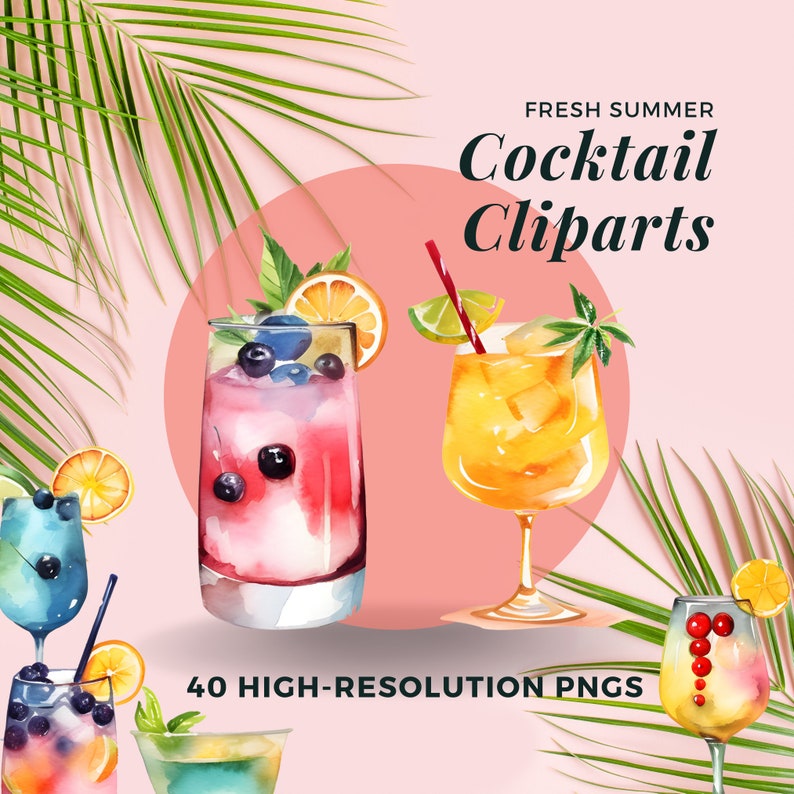 Cocktail Summer Watercolor Clipart Set - Hand-painted Tropical Drinks ...