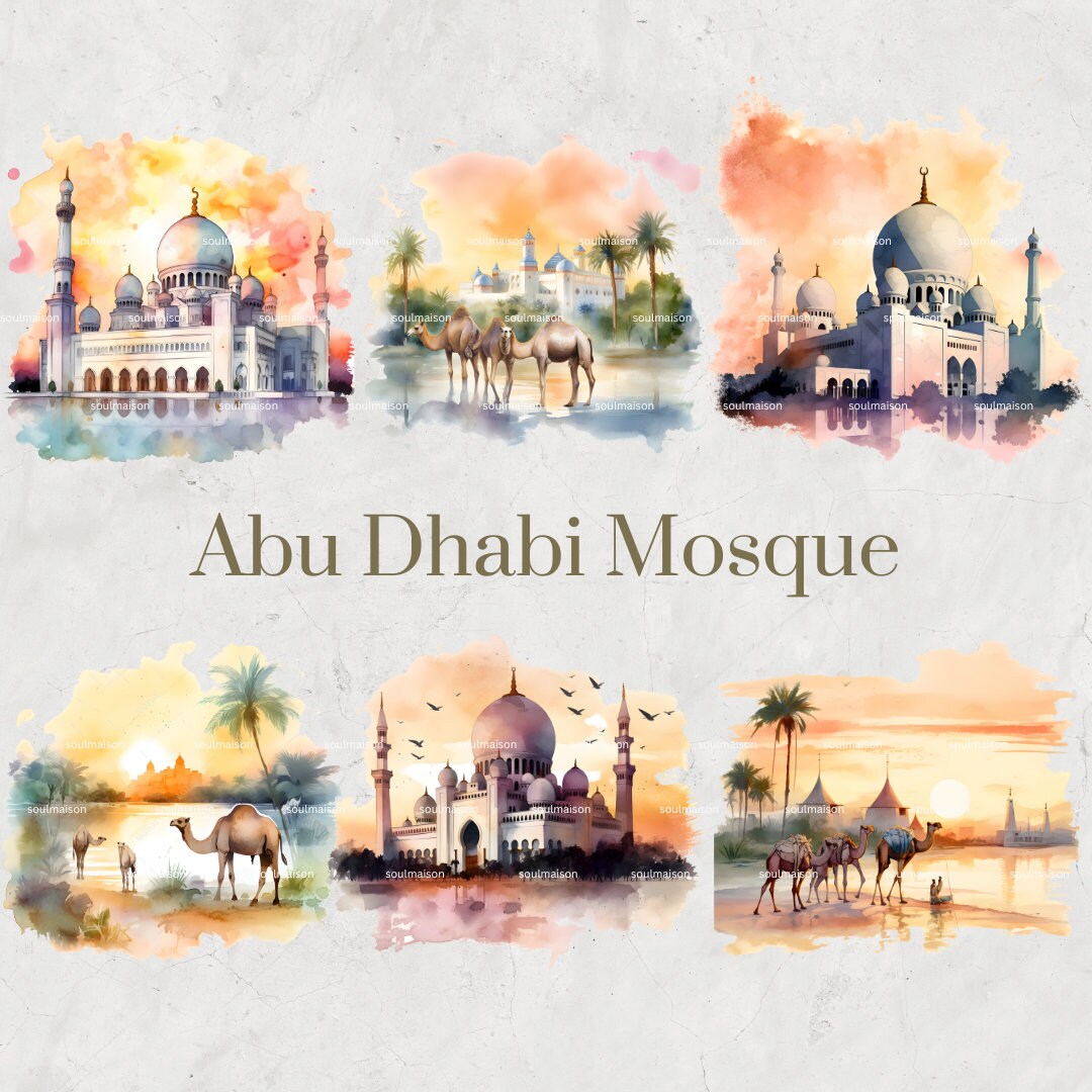 Abu Dhabi Mosque Watercolor Clipart Set - Hand-painted Sheikh Zayed ...