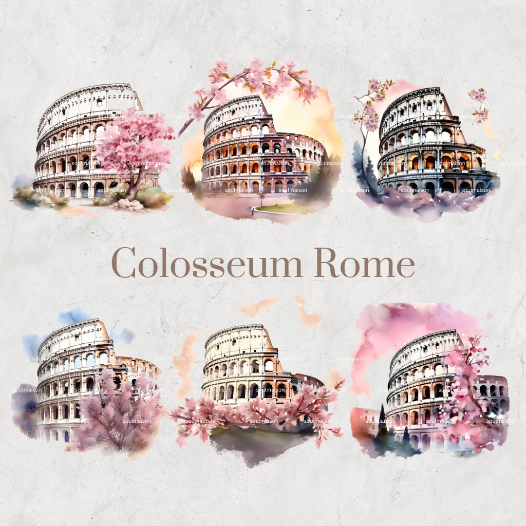 Colosseum Rome Watercolor Clipart Set - Hand-painted Landmark, Cherry ...