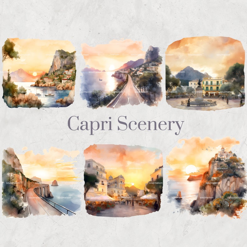 Capri Scenery Watercolor Clipart Set - Hand-painted Italian Island ...
