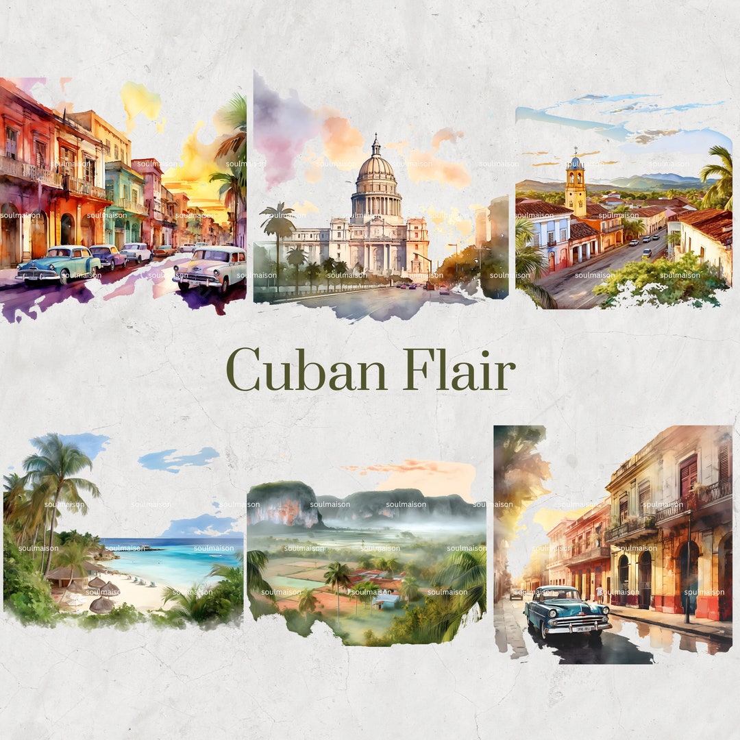 Cuba Watercolor Clipart Set - Hand-painted Havana Street Scenes ...