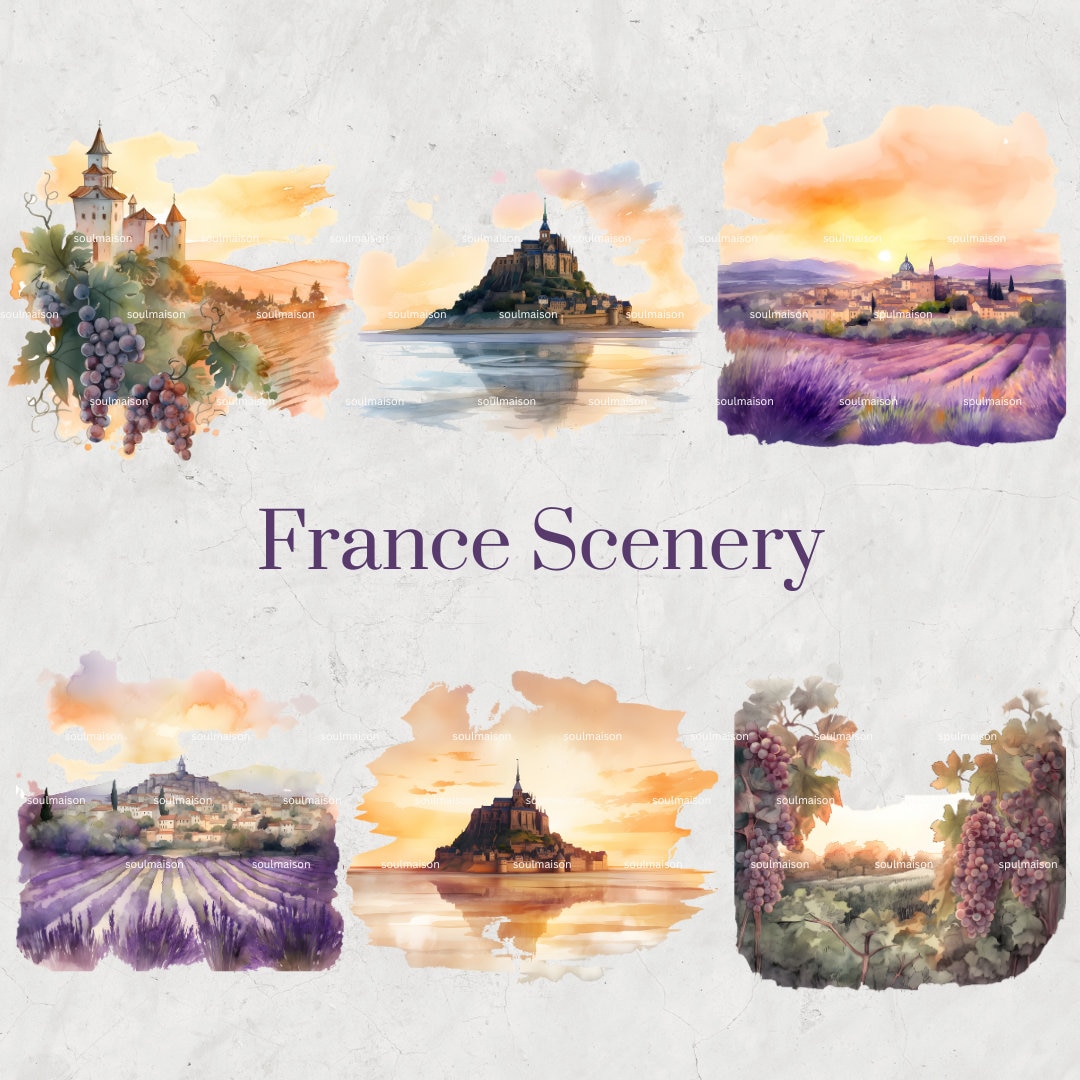 France Landscapes Watercolor Clipart Set - Hand-painted French ...