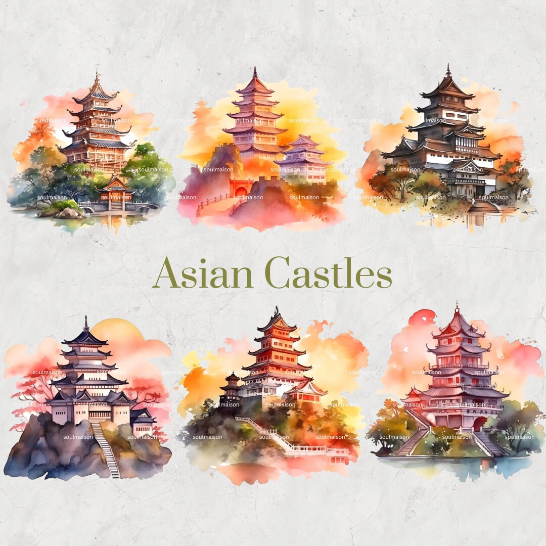 Asian Castles Watercolor Clipart Set - Hand-painted Oriental Palaces ...