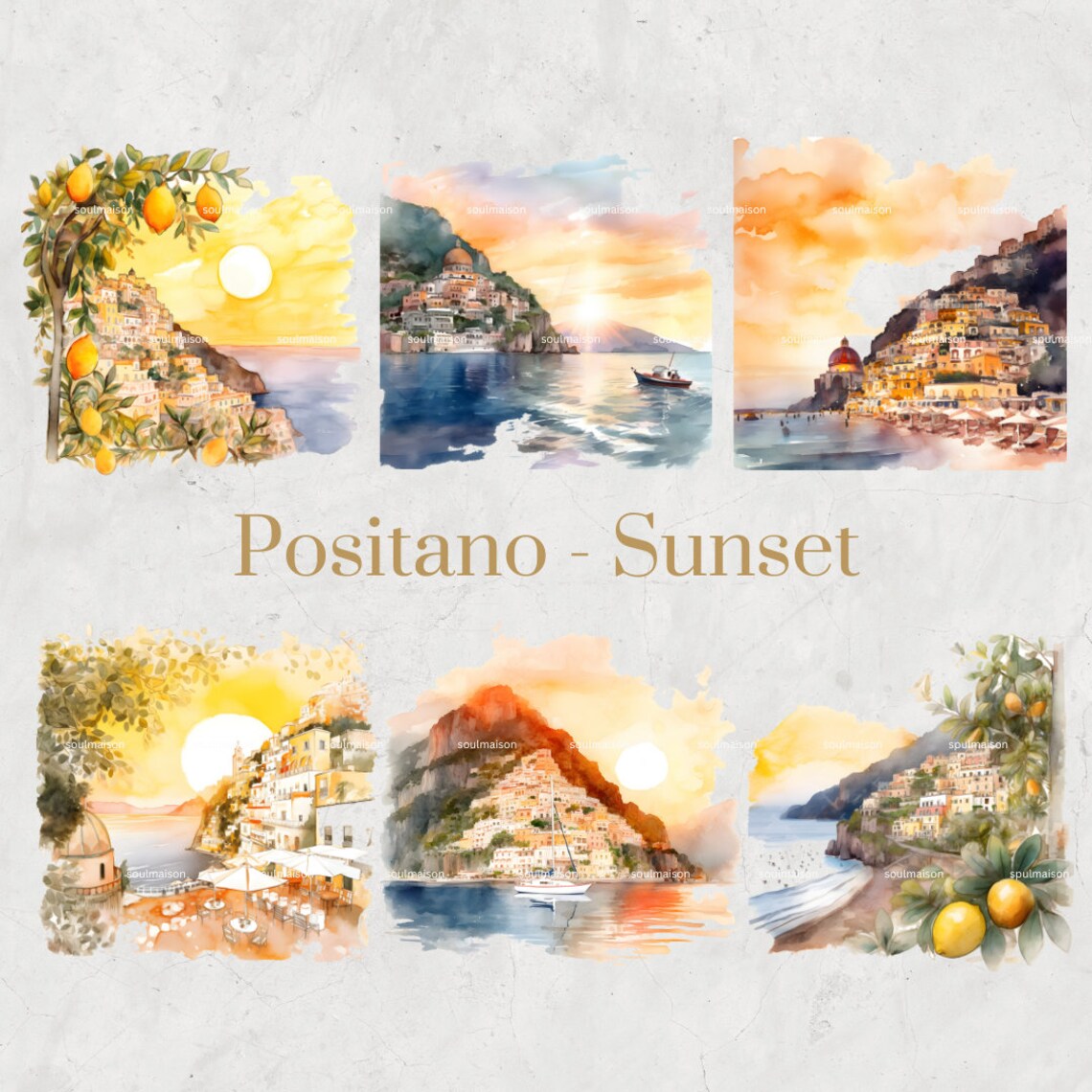 Positano Sunset Watercolor Clipart Set - Hand-painted Italian ...