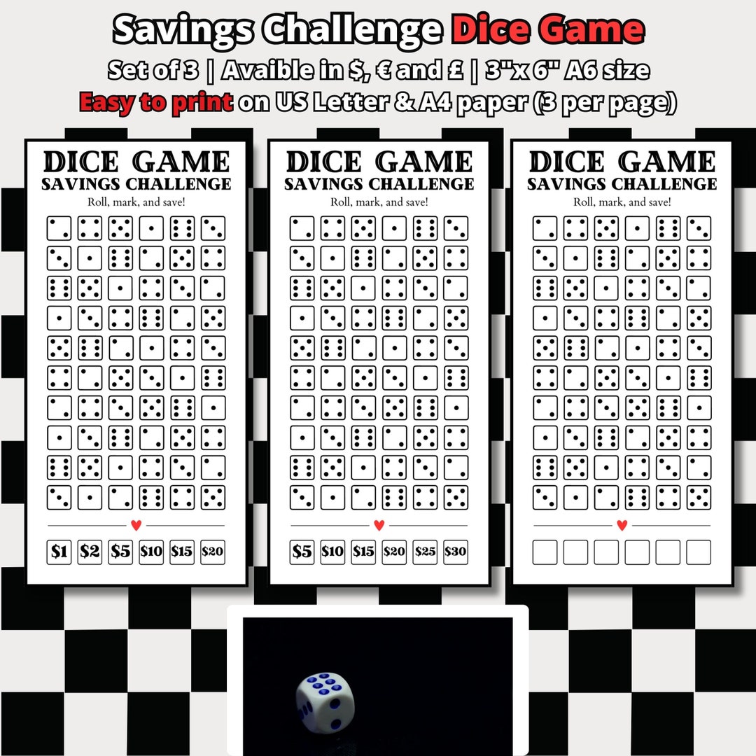 A6 Savings Challenge Dice Game, Cash Stuffing & Budgeting Challenges ...