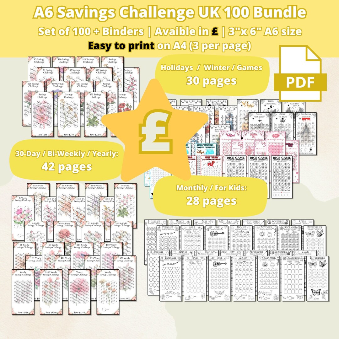 Pound Saving Challenge A6 Bundle: UK Savings Tracker (PDF) - Etsy UK