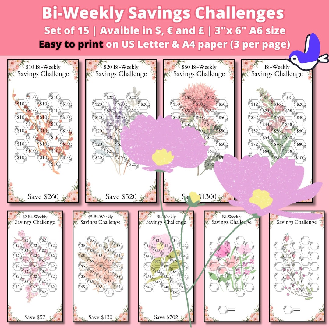 Bi-weekly Savings Challenge A6 Printable Savings Tracker Bundle Cash ...