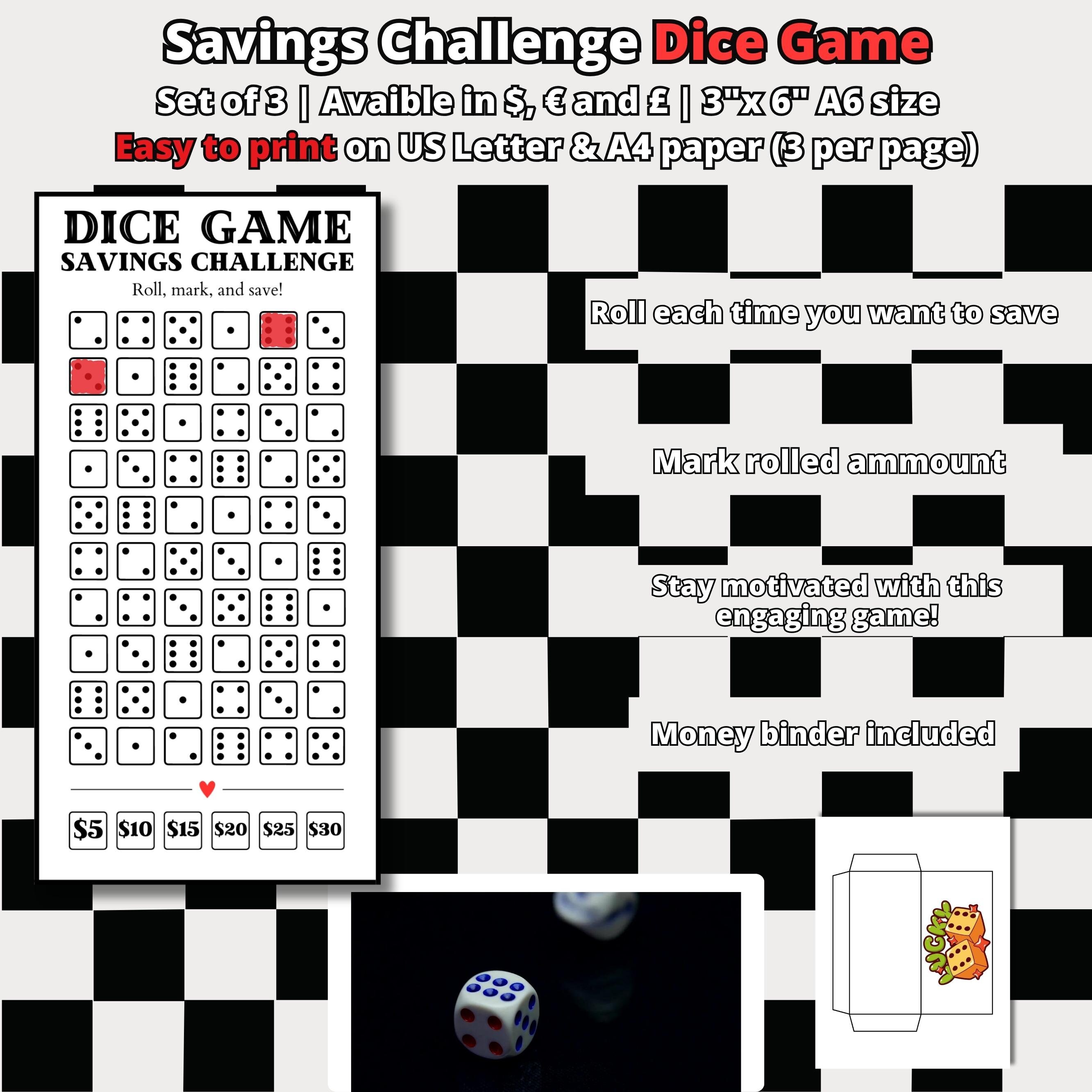 A6 Savings Challenge Dice Game, Cash Stuffing & Budgeting Challenges ...