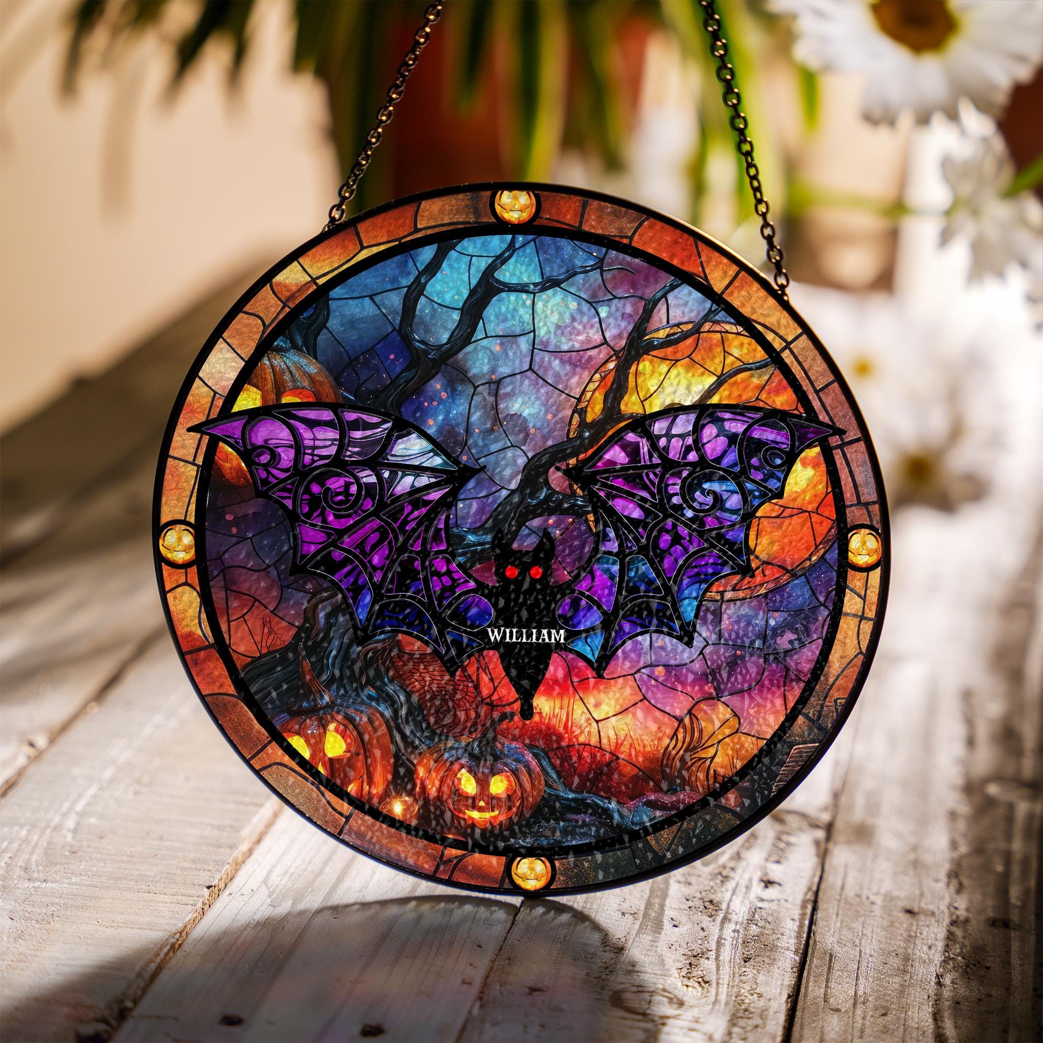 Black Cat Round Stained Glass, Cat Suncatcher, Halloween Cat Stained ...