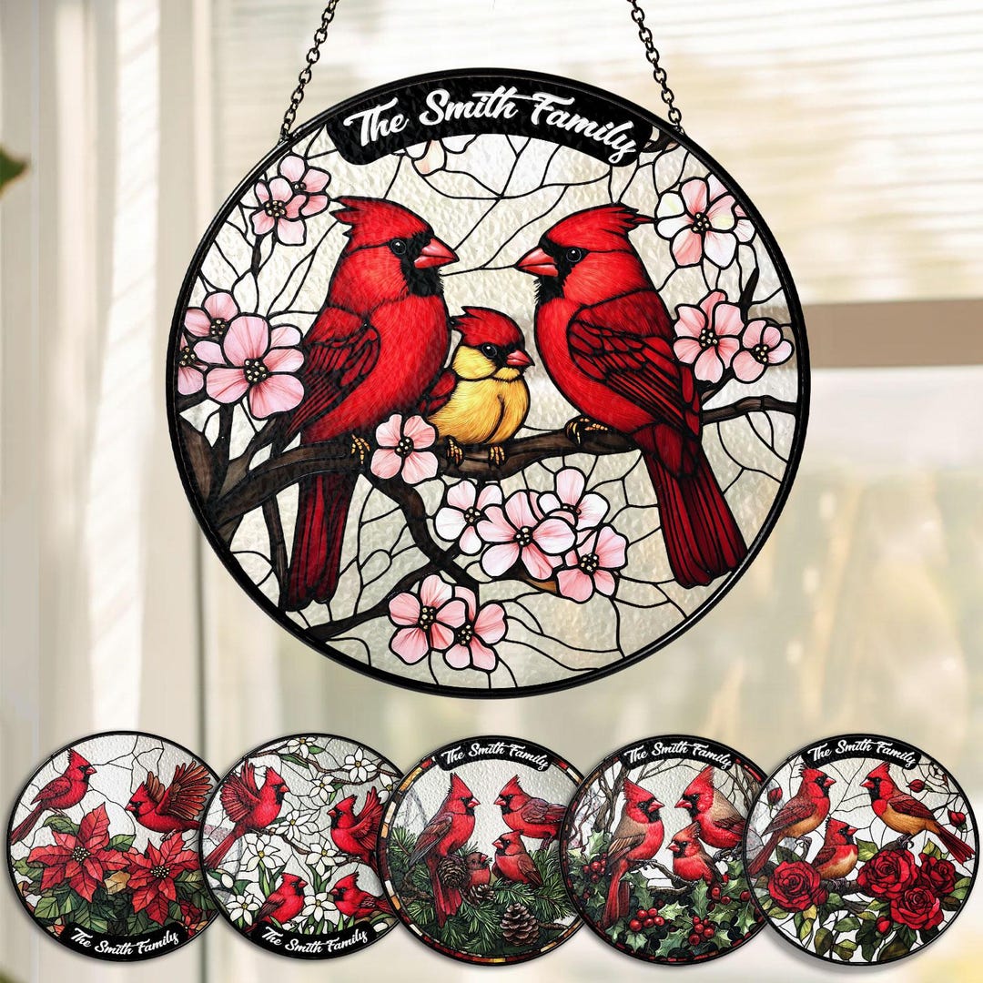 Customize Cardinal Glass Suncatcher, Bird Glass Art, Cardinal Window ...