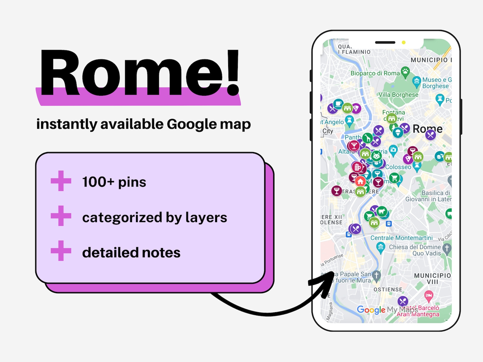 Rome Digital Travel Map for Google Maps Location Pins - Etsy