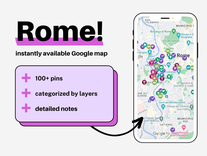 Rome Digital Travel Map for Google Maps Location Pins - Etsy