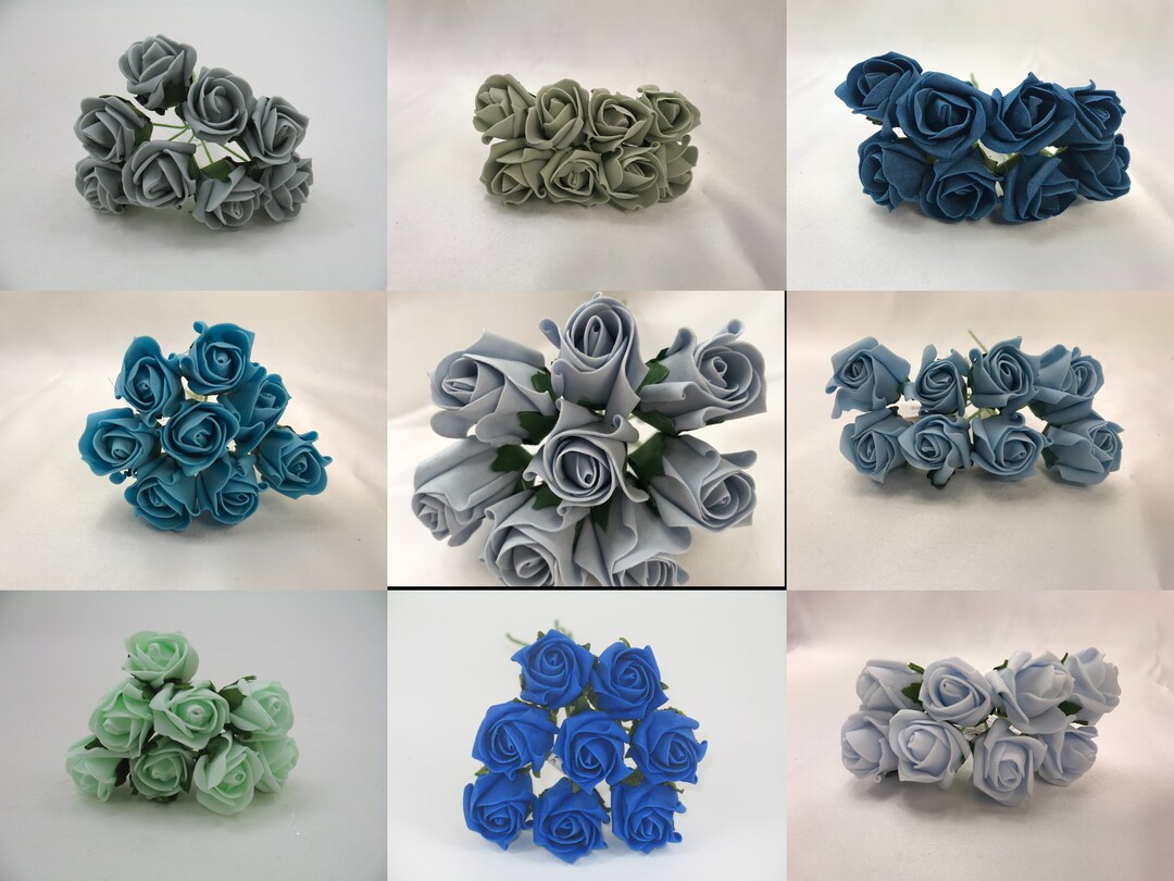 3cm Colourfast Foam Rosebuds 8 Heads Bunch Blue Shades Silver Grey ...