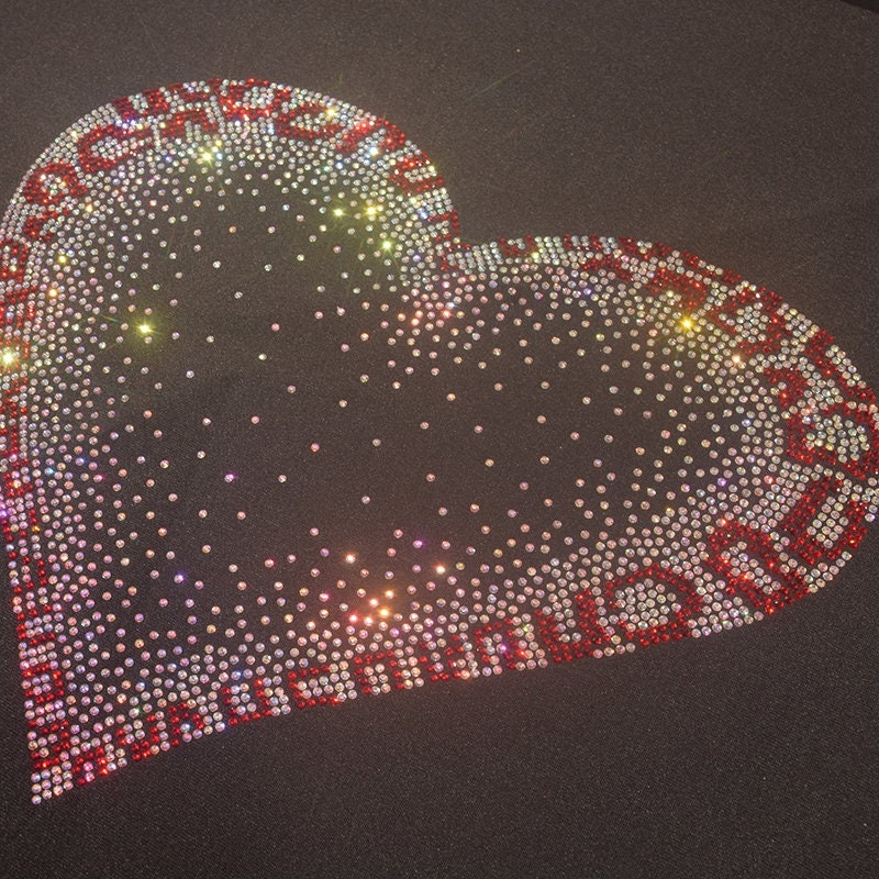 Love Heart Rhinestone Transfer Bling Hot Fix Iron on Patch Motif Design ...