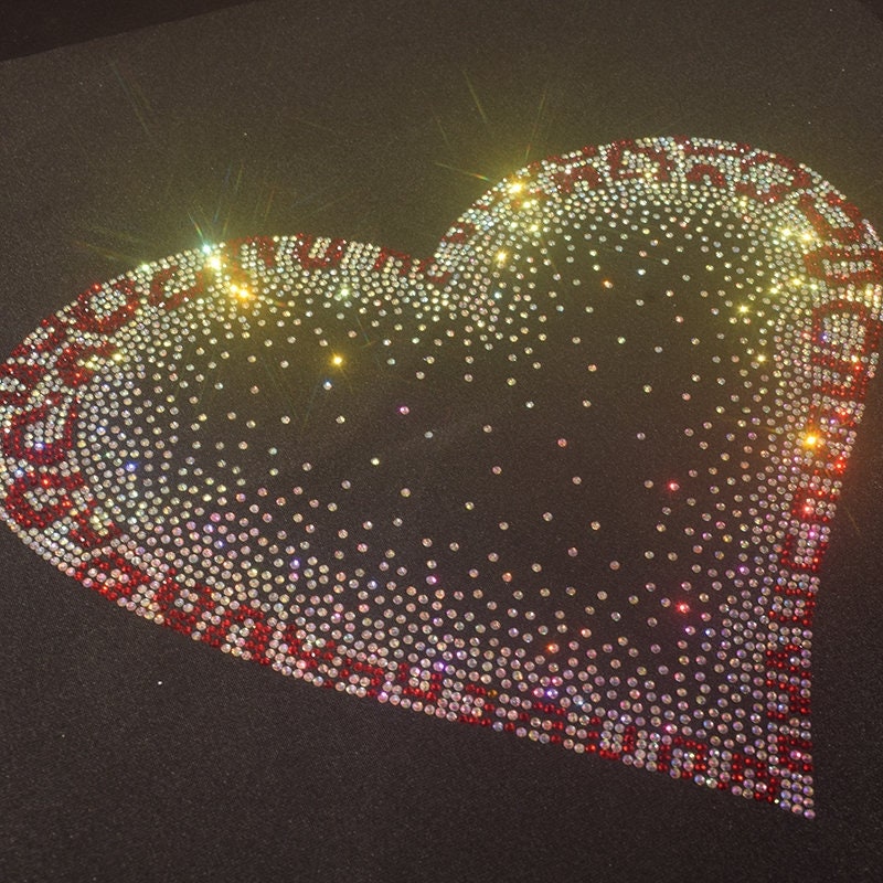 Love Heart Rhinestone Transfer Bling Hot Fix Iron on Patch Motif Design ...