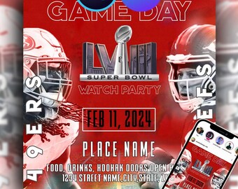 Editable Super Bowl 49ers Vs Chiefs 2024 Watch Party Flyer, Edit on ...