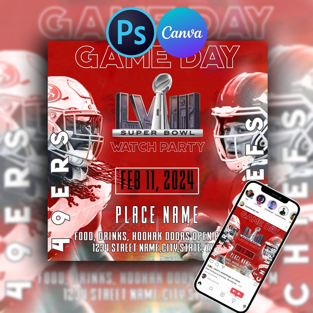 Editable Super Bowl 49ers Vs Chiefs 2024 Watch Party Flyer, Edit on ...