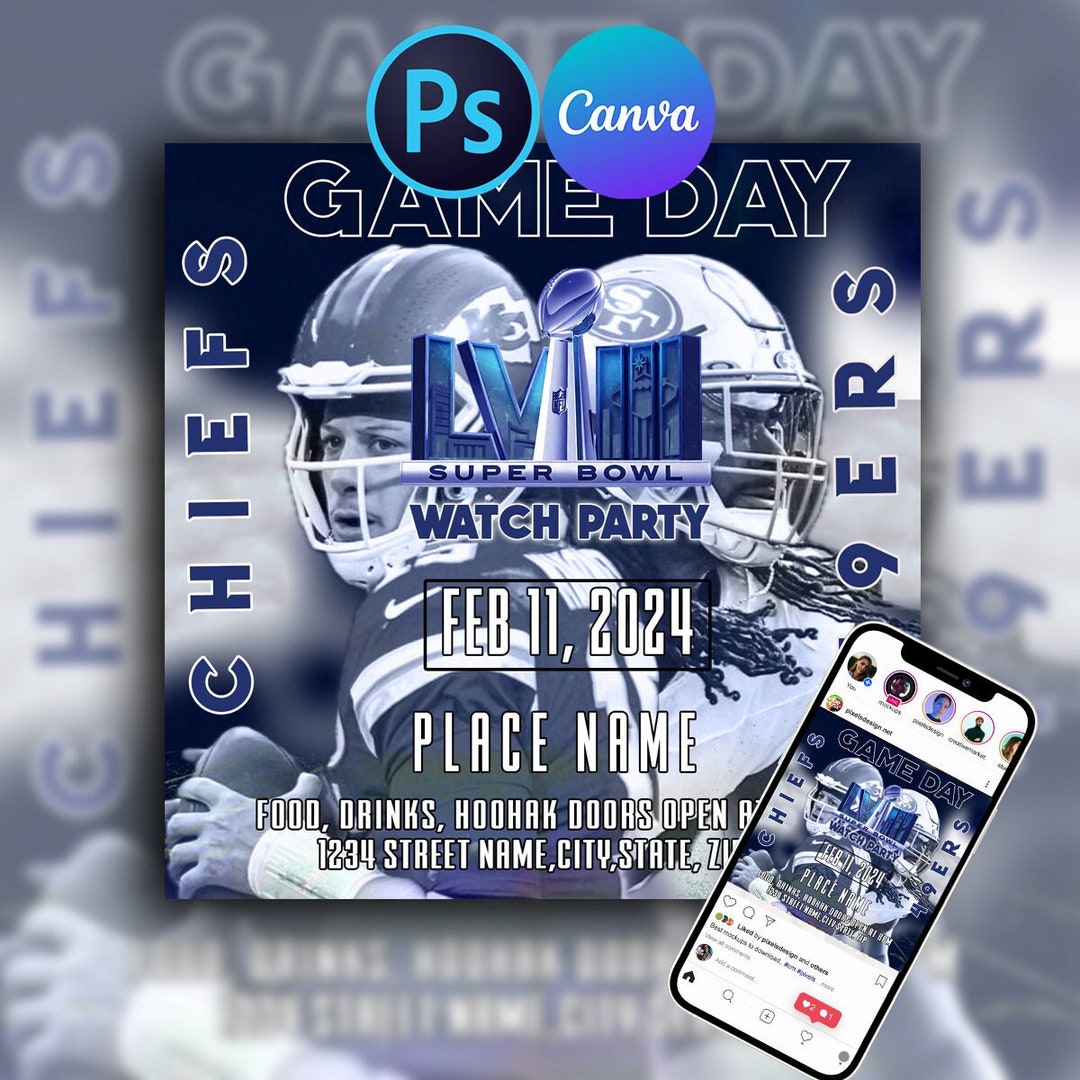 Editable Super Bowl 49ers Vs Chiefs 2024 Watch Party Flyer, Edit on ...