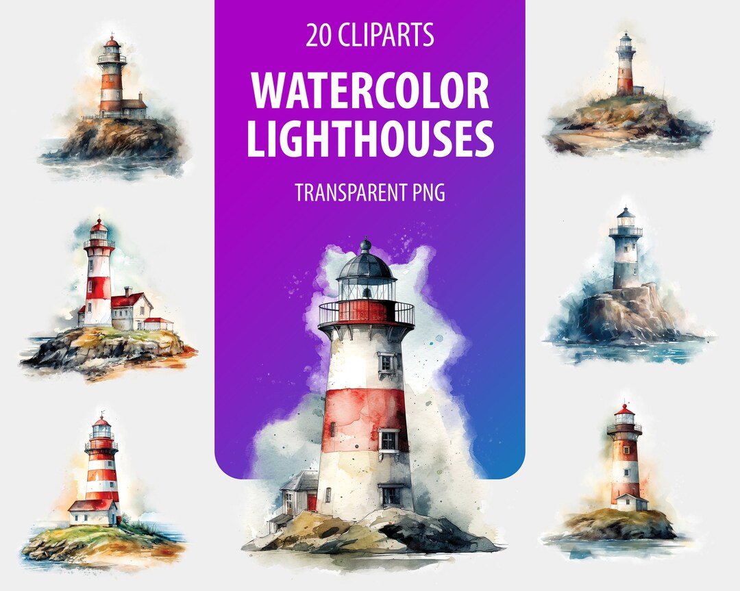 Watercolor Lighthouses Clipart, Watercolor Nautical Ocean Scenes Bundle ...