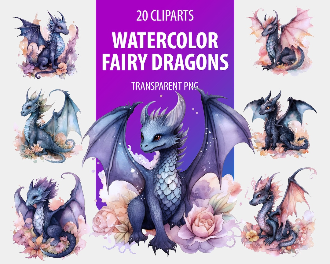 Watercolor Fairy Dragons Clipart - Watercolor Fantasy Dragons Clip Art ...
