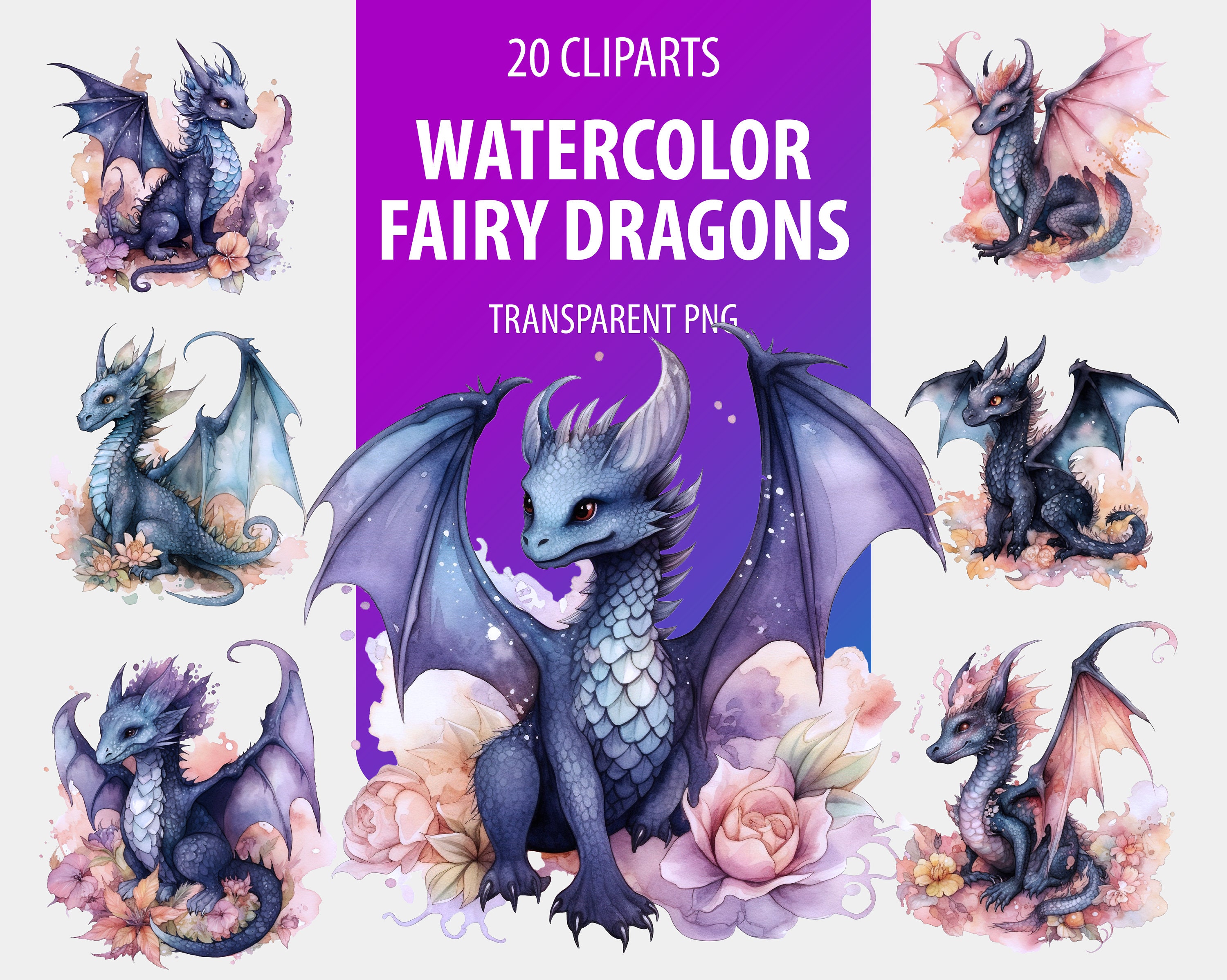 Watercolor Fairy Dragons Clipart Watercolor Fantasy Dragons Clip Art ...