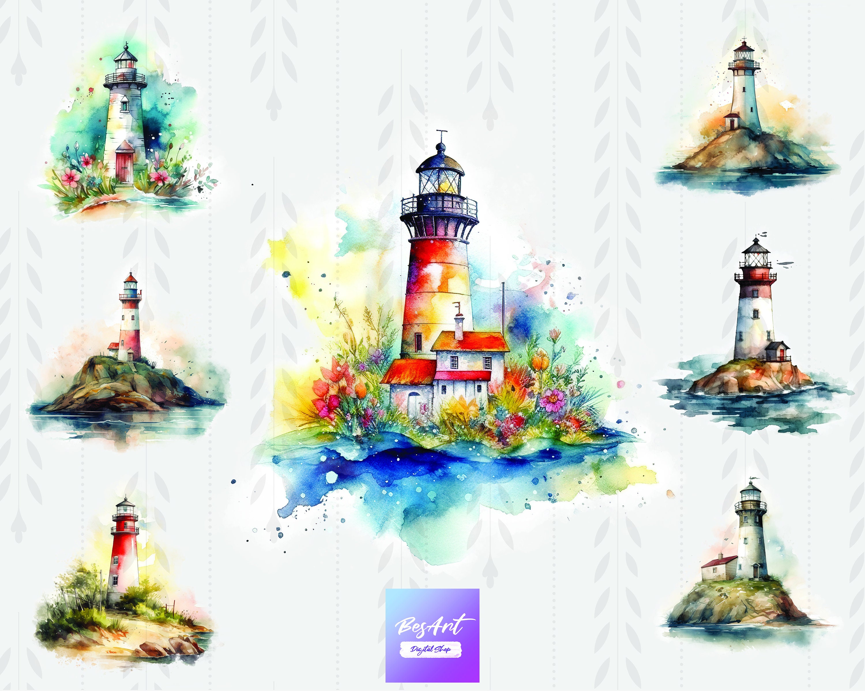 Watercolor Lighthouses Clipart, Watercolor Nautical Ocean Scenes Bundle ...