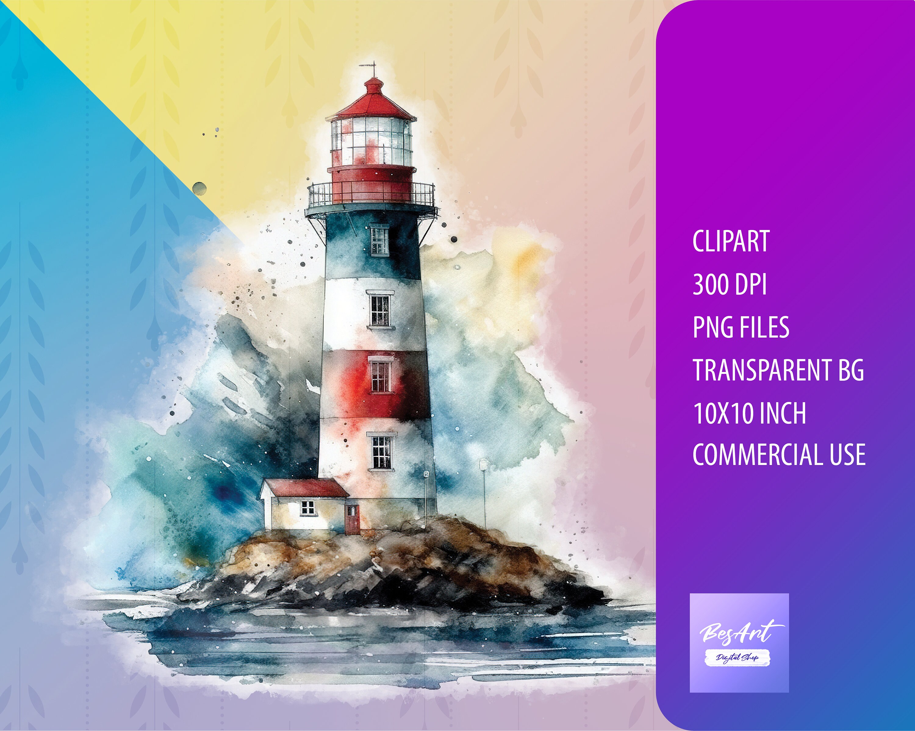 Watercolor Lighthouses Clipart, Watercolor Nautical Ocean Scenes Bundle ...